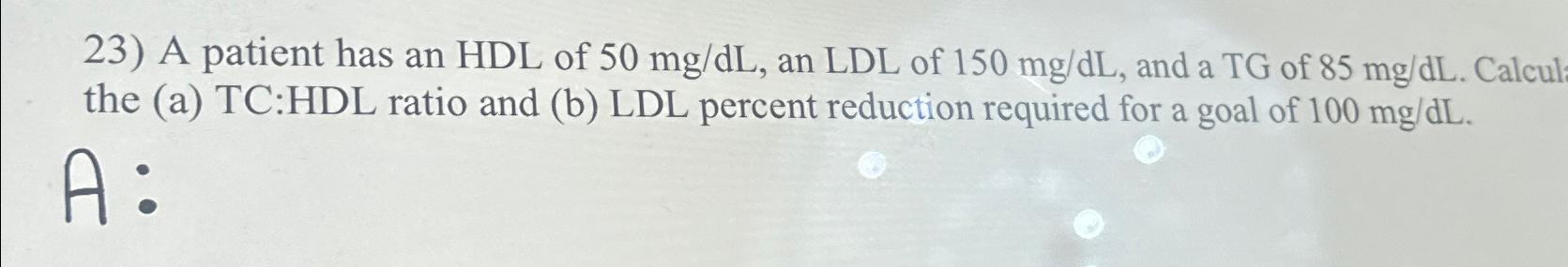 Solved A patient has an HDL of 50mgdL, ﻿an LDL of 150mgdL, | Chegg.com