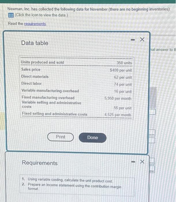 Solved Newman, Inc. has collected the following data for | Chegg.com