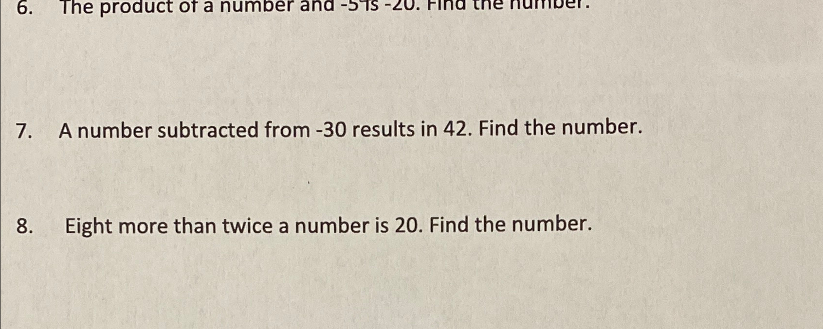 Solved A number subtracted from -30 ﻿results in 42 . ﻿Find | Chegg.com