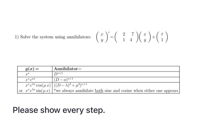 Solved 1) Solve the system using annihilators: g(x): Xs | Chegg.com