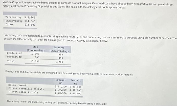 Solved Mirabile Corporation uses activity-based costing to | Chegg.com