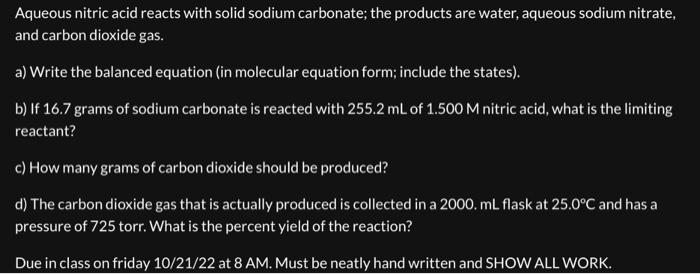 Solved Aqueous nitric acid reacts with solid sodium | Chegg.com
