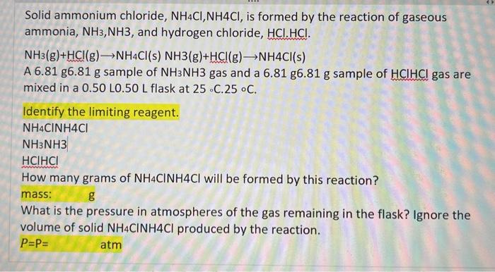 Solved Solid ammonium chloride, NH4CI,NH4CI, is formed by | Chegg.com