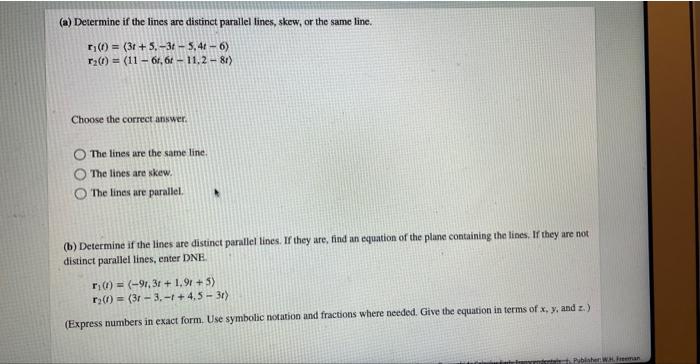 Solved (a) Determine if the lines are distinct parallel | Chegg.com