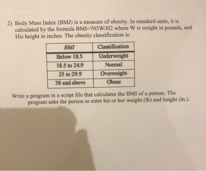 Solved 2) Body Mass Index (BMJ) is a measure of obesity. In | Chegg.com