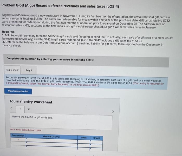 Solved Problem 8-6B (Algo) Record deferred revenues and | Chegg.com