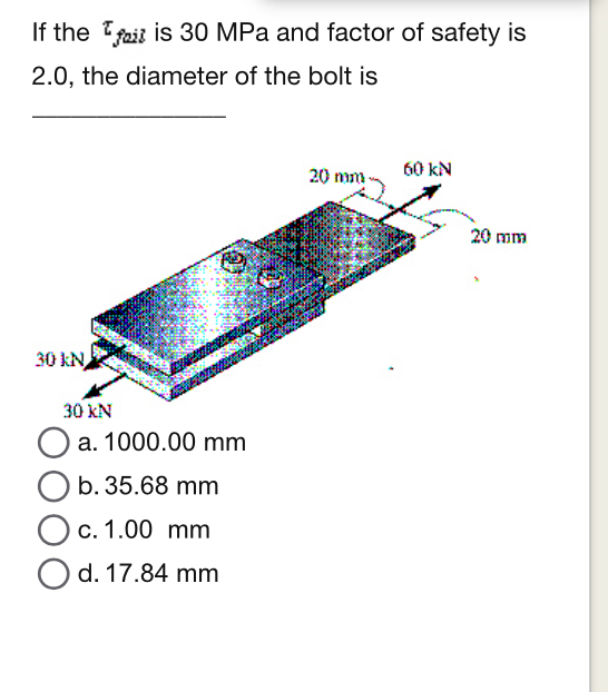 Solved If the τfail ﻿is 30MPa and factor of safety is 2.0 , | Chegg.com