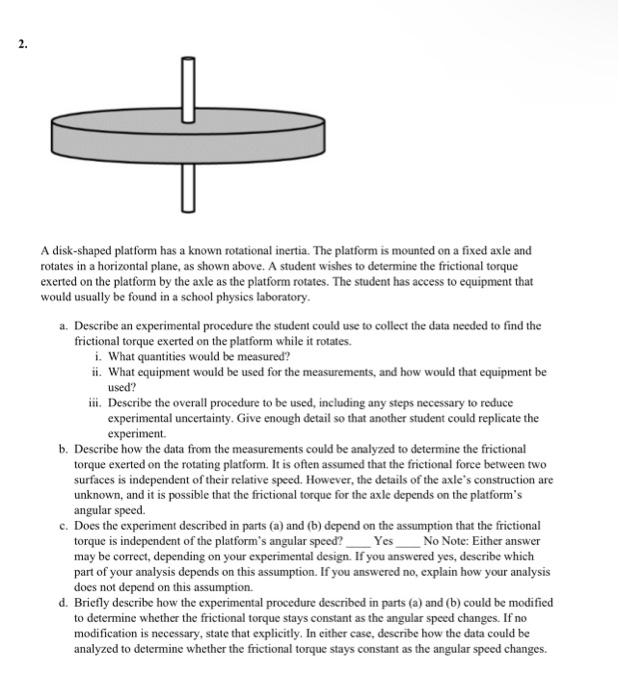 Solved 2 . A disk-shaped platform has a known rotational | Chegg.com
