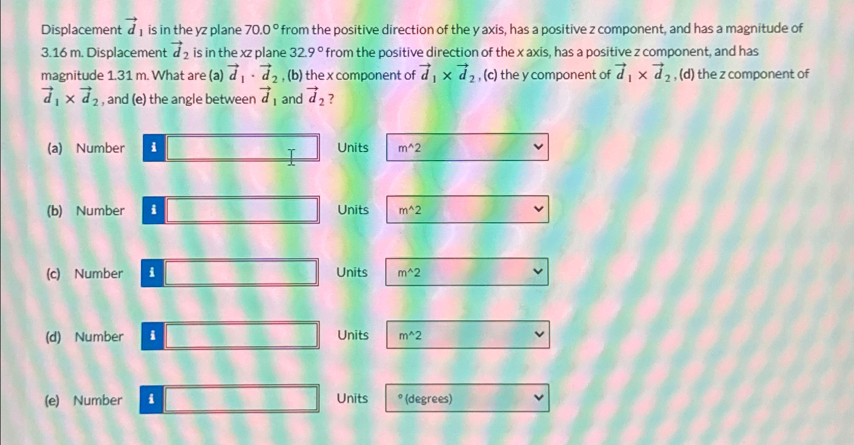 Solved Displacement vec(d)1 ﻿is in the yz plane 70.0° ﻿from | Chegg.com