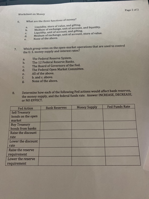 Solved Page 2 of 2 Worksheet on Money 6. What are the three | Chegg.com