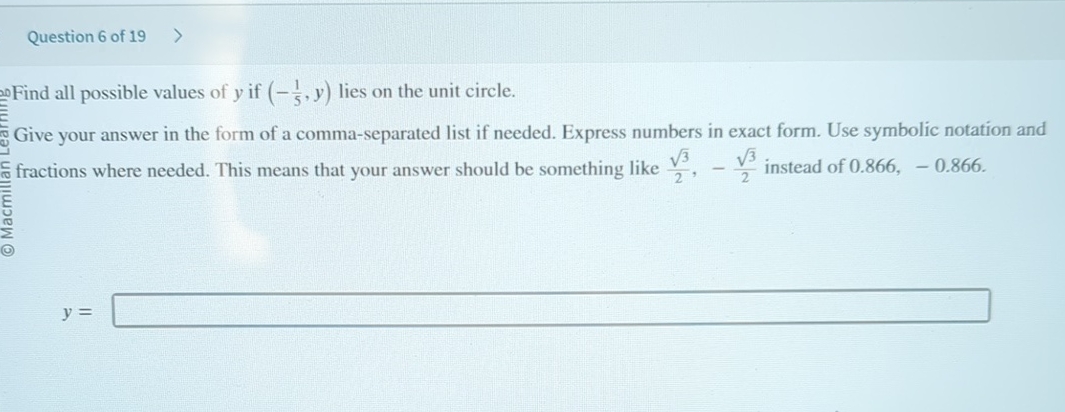Solved Question 6 ﻿of 19Find all possible values of y ﻿if | Chegg.com