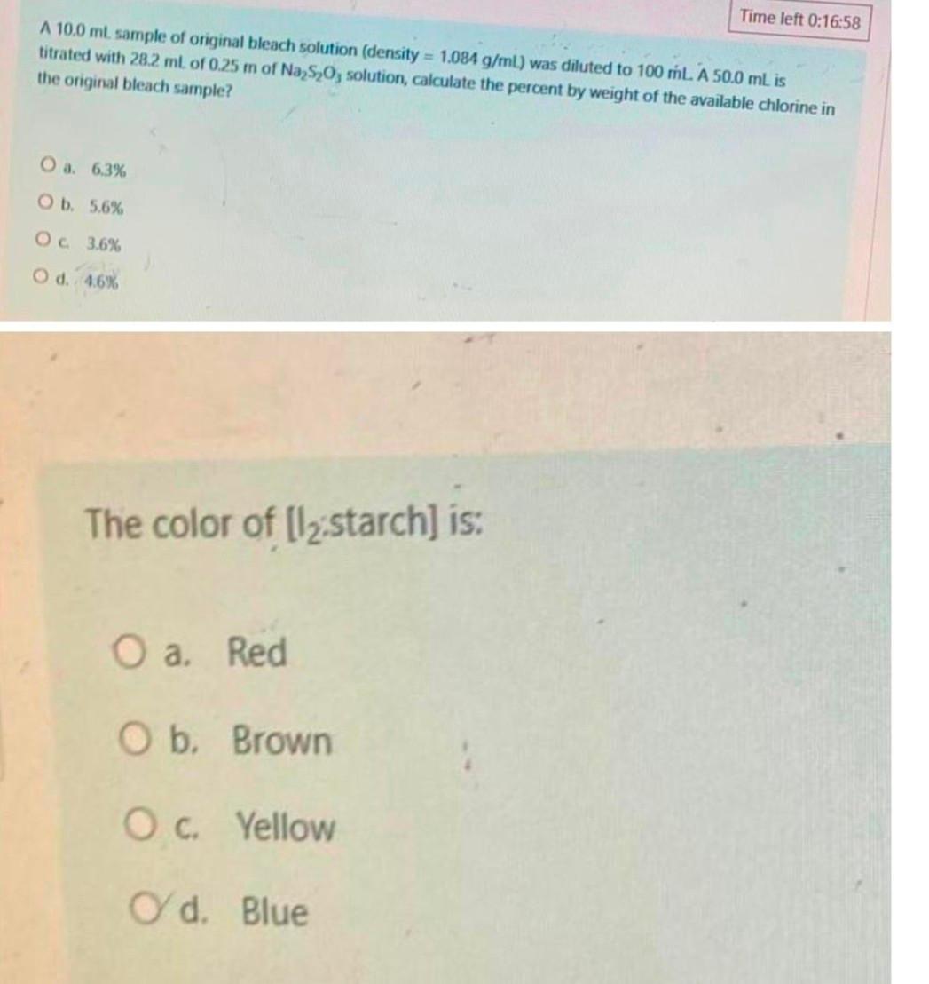 Solved A 10.0 mL sample of original bleach solution (density | Chegg.com