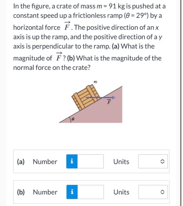 Solved In the figure, a crate of mass m=91 kg is pushed at a | Chegg.com