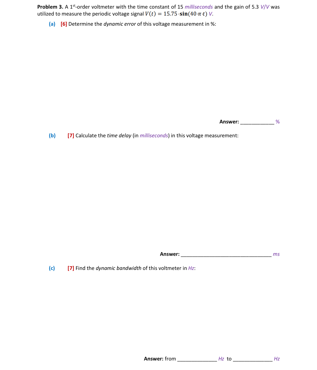 Solved Problem 3. ﻿A 1st -order voltmeter with the time | Chegg.com