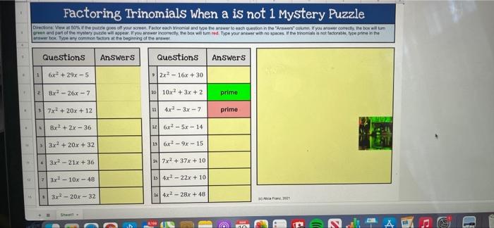 Solved Factoring Trinomials when a is not 1 Mystery Puzzle | Chegg.com