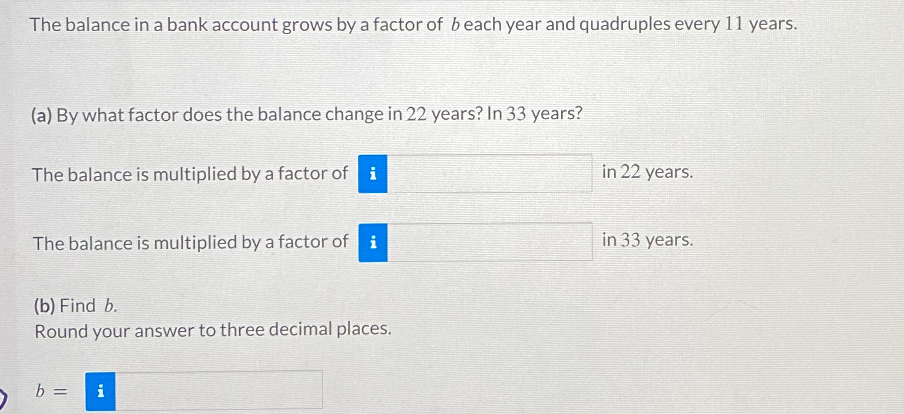 Solved The balance in a bank account grows by a factor of b | Chegg.com