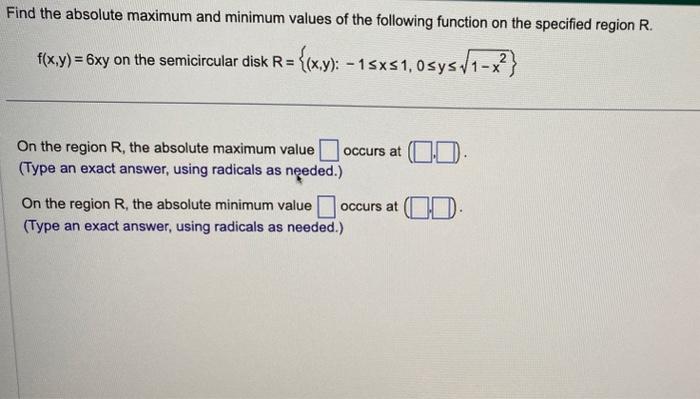 Solved Find the absolute maximum and minimum values of the | Chegg.com