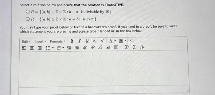 Solved Select a relation below and prove that the relation | Chegg.com