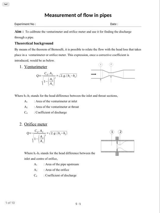 Solved > Measurement of flow in pipes Experiment No: Date: | Chegg.com