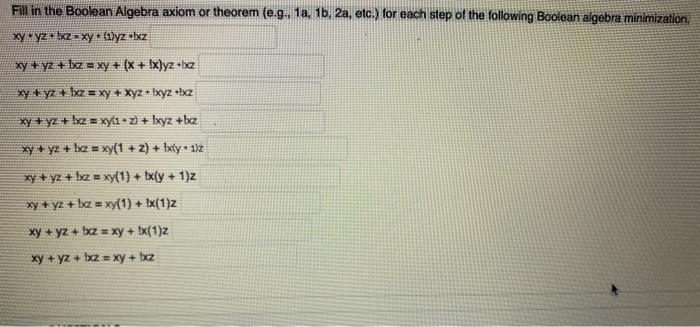 Solved Fill in the Boolean Algebra axiom or theorem (e.g., | Chegg.com