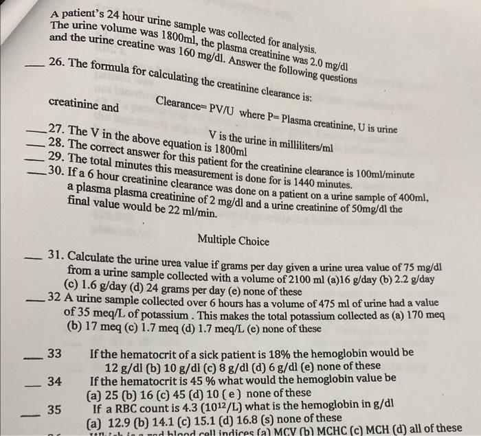 Solved A patient's 24 hour urine sample was collected for | Chegg.com