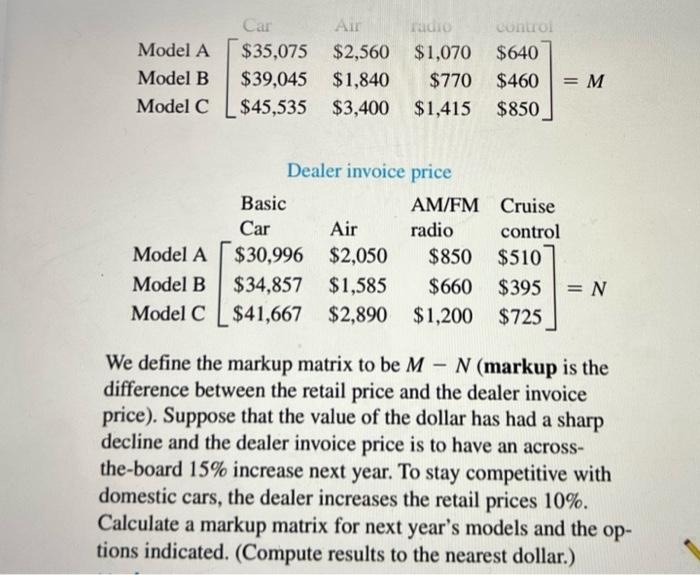 Solved 67. Markup. An import car dealer sells three models | Chegg.com