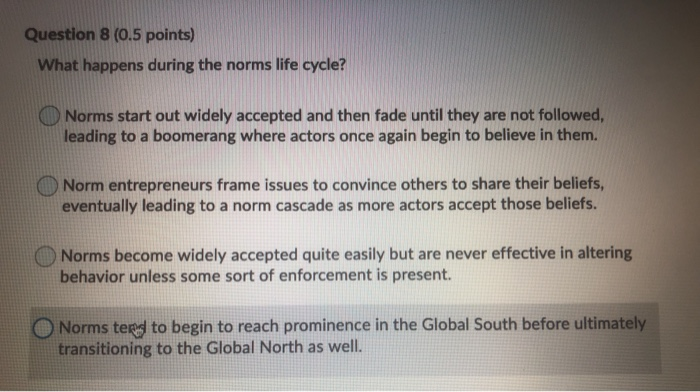 Solved Question 8 (0.5 points) What happens during the norms | Chegg.com