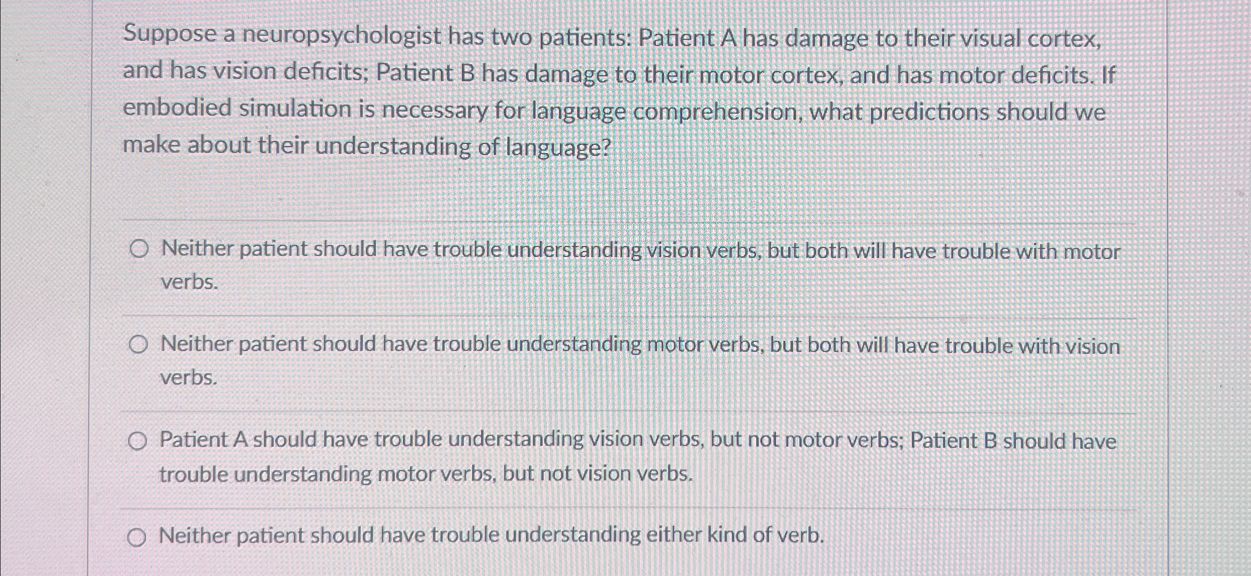 Solved Suppose a neuropsychologist has two patients: Patient | Chegg.com