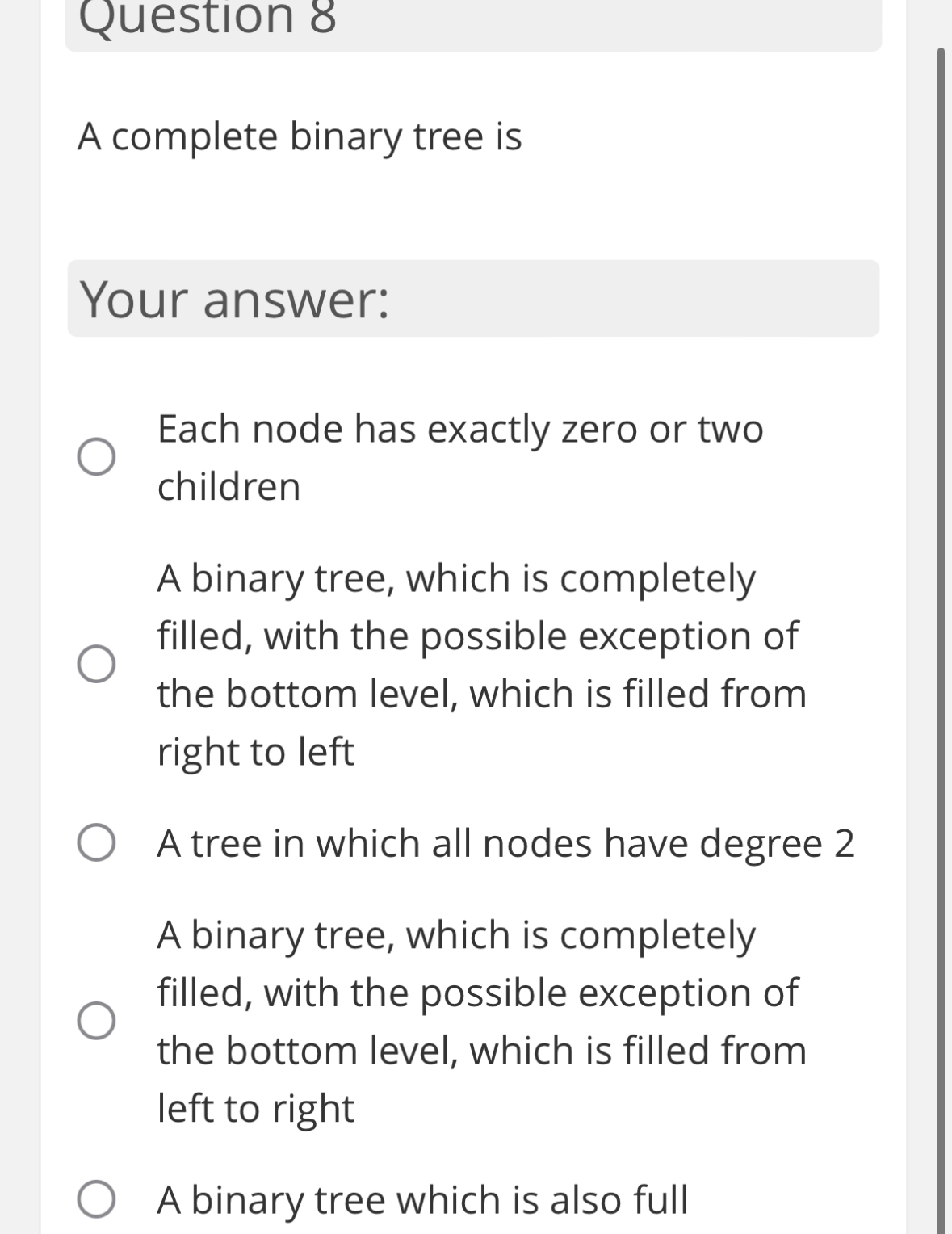 Solved Question 8A complete binary tree isYour answer:Each | Chegg.com