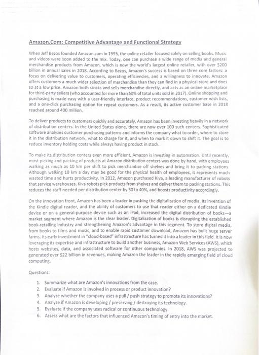 Solved Amazon.Com: Competitive Advantage and Functional | Chegg.com