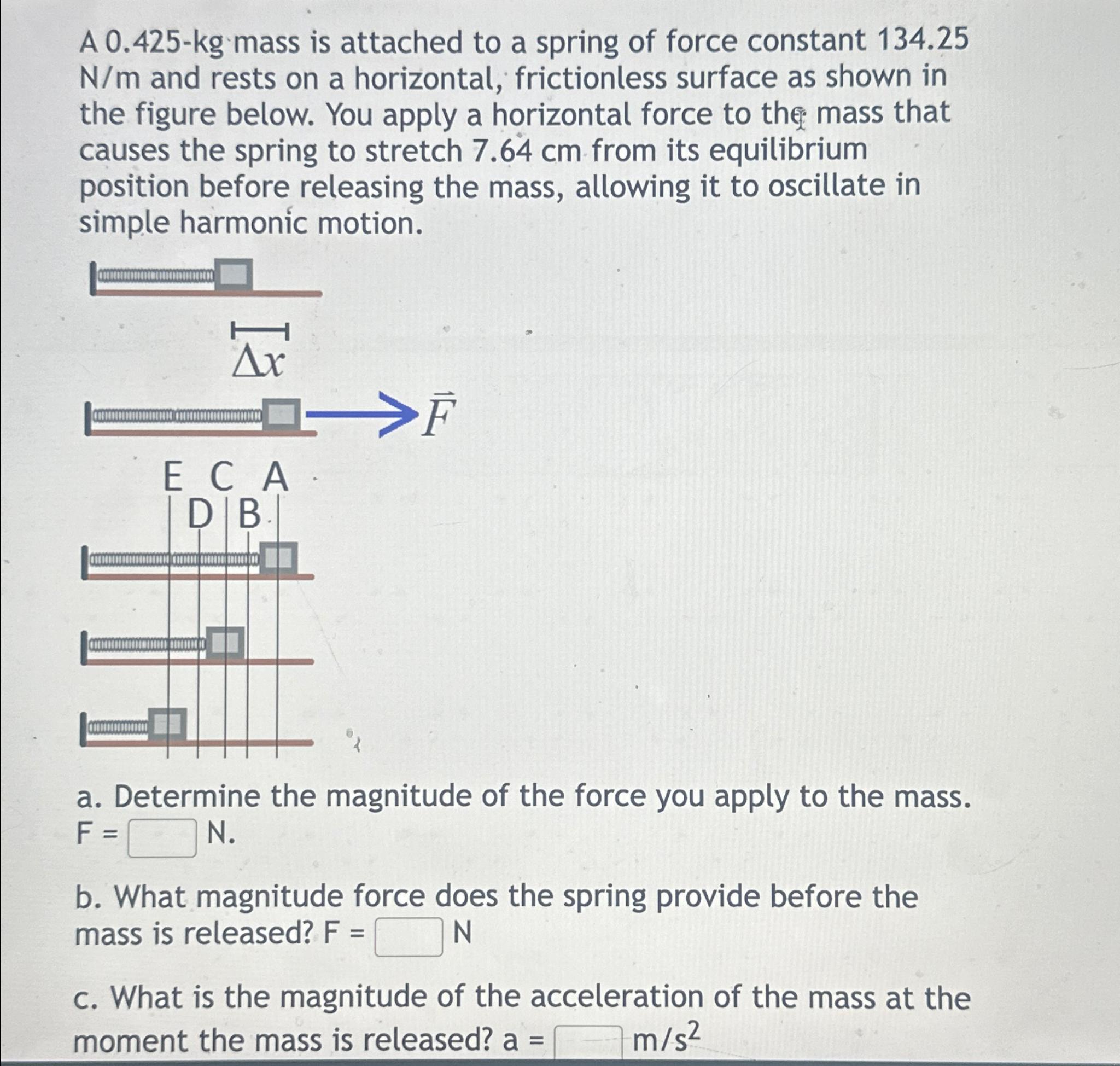Solved A 0.425-kg ﻿mass is attached to a spring of force | Chegg.com