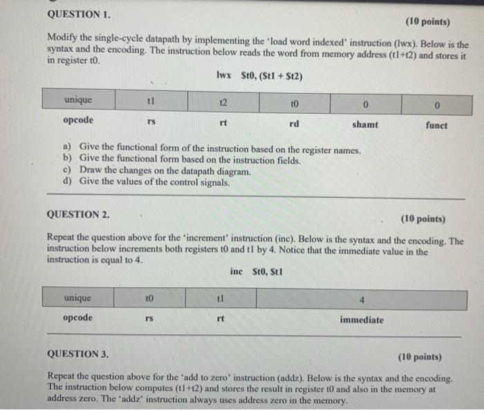 Solved Question 1 10 Points Modify The Single Cycle
