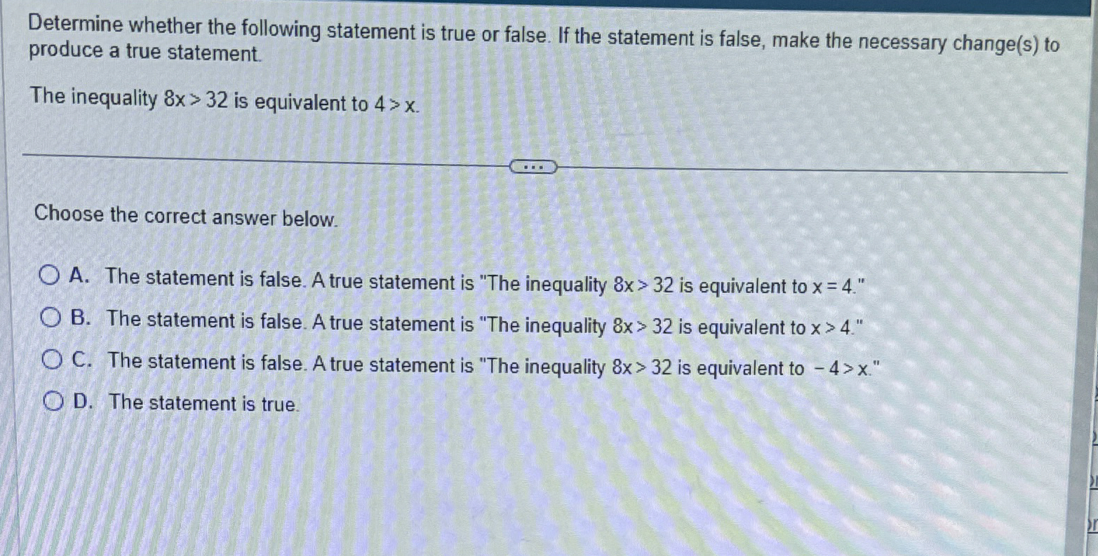 Solved Determine whether the following statement is true or | Chegg.com