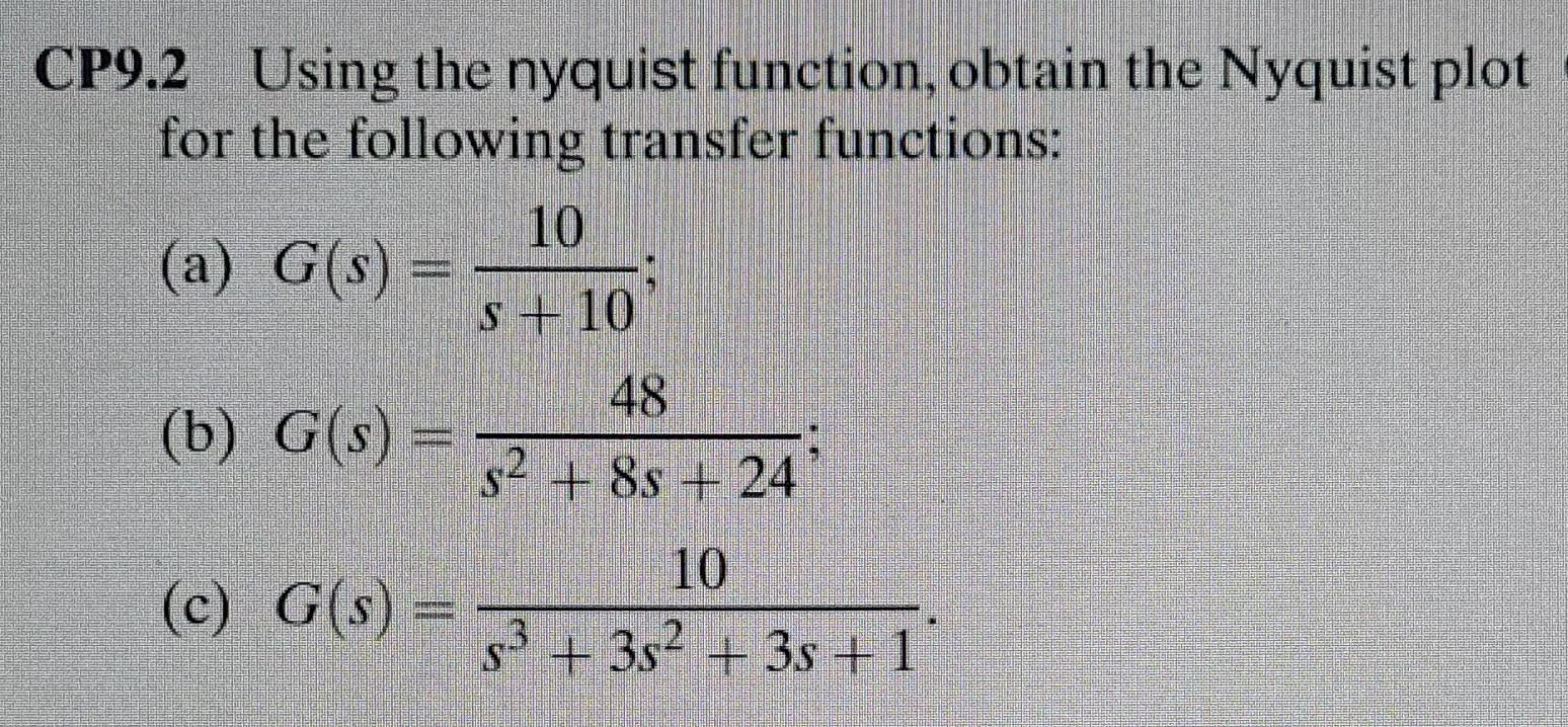 Solved CP9.2 Using the nyquist function, obtain the Nyquist | Chegg.com