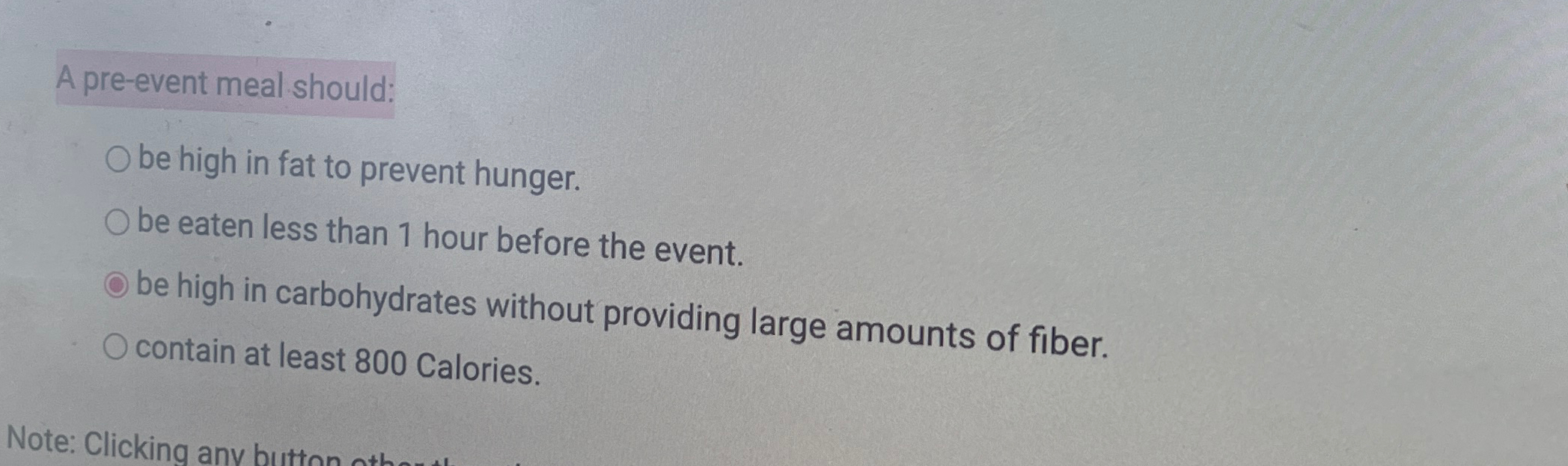 Solved A pre-event meal should:be high in fat to prevent | Chegg.com