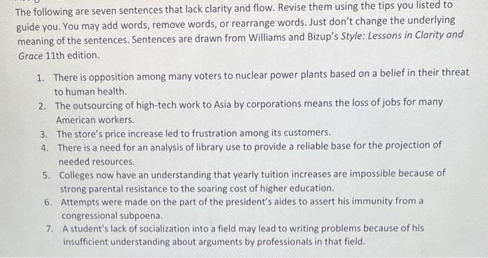 The following are seven sentences that lack clarity | Chegg.com