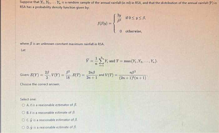 Solved Suppose that Y1,Y2,…Yn is a random sample of the | Chegg.com