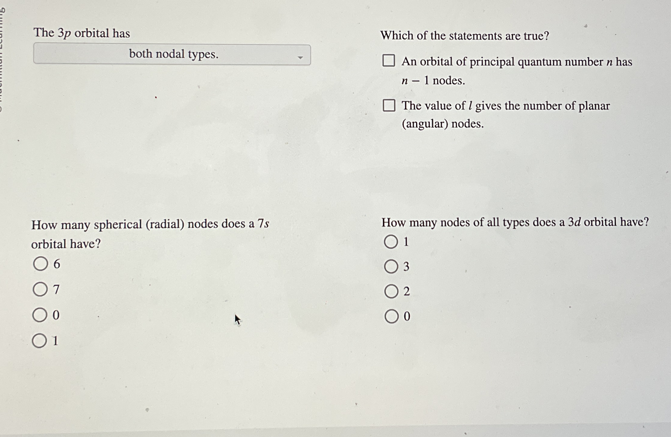 Solved The 3p ﻿orbital has both nodal types.How many | Chegg.com