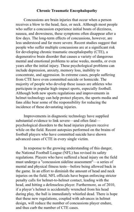Solved Chronic Traumatic Encephalopathy Concussions are | Chegg.com
