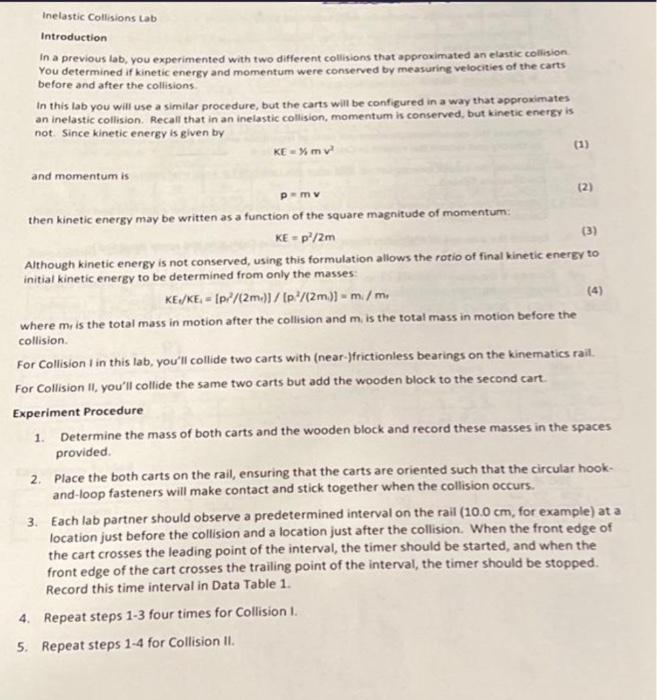 Inelastic Collisions Lab Data provided need help with | Chegg.com