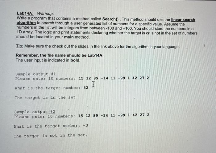 Solved Lab14A: Warmup. Write a program that contains a | Chegg.com