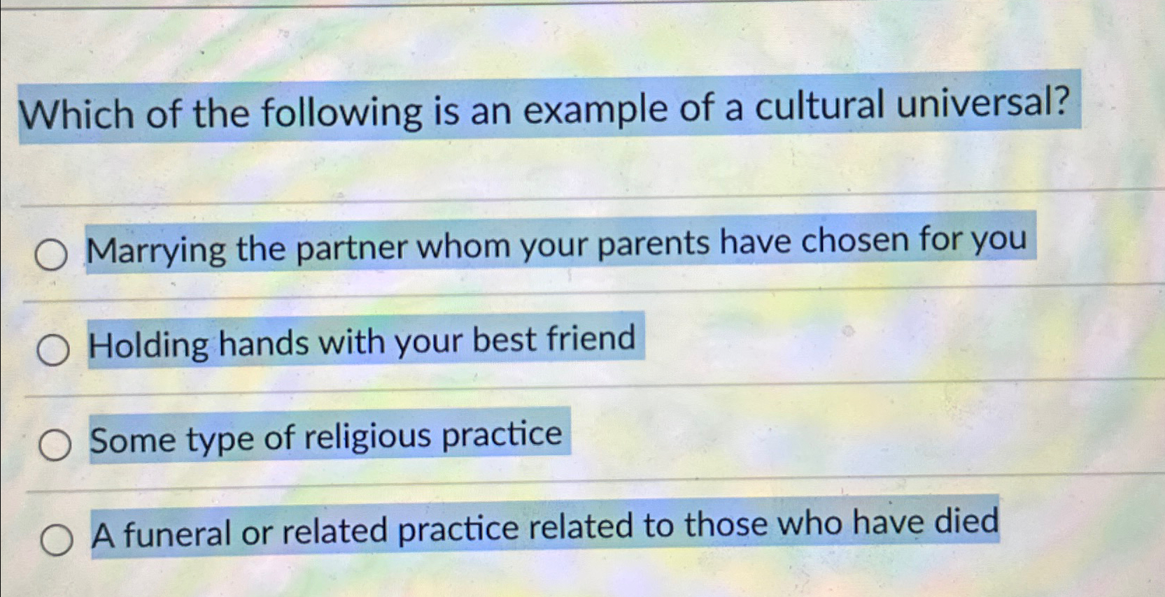 Solved Which of the following is an example of a cultural | Chegg.com