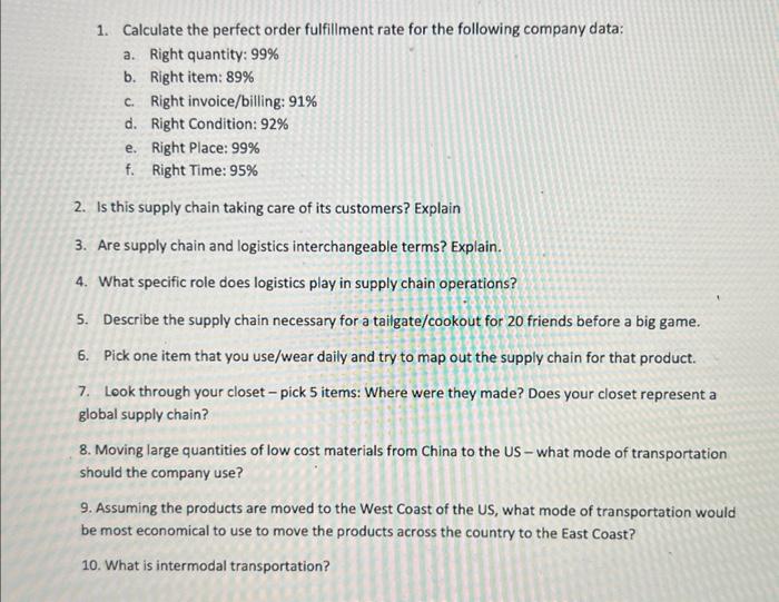 Solved 1. Calculate the perfect order fulfillment rate for | Chegg.com