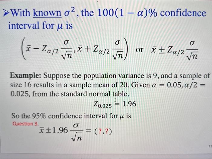 Solved xˉ±1.96nσ=(With known σ2, the 100(1−α)% confidence | Chegg.com