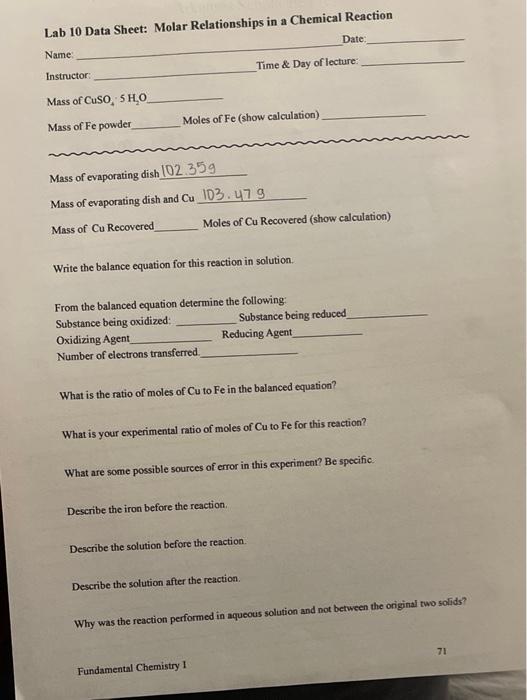 Solved Lab 10 Data Sheet: Molar Relationships in a Chemical | Chegg.com