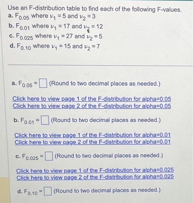 Solved Use an F-distribution table to find each of the | Chegg.com