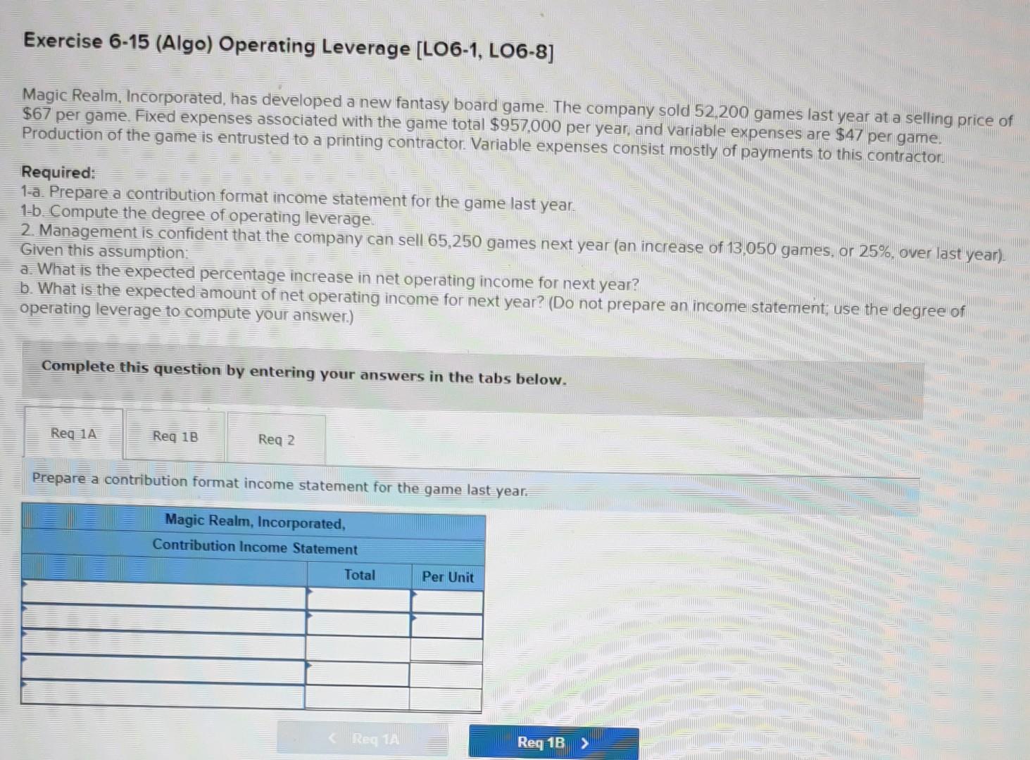 Solved Exercise 6-15 (Algo) Operating Leverage (LO6-1, | Chegg.com