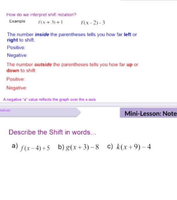 Solved How do we interpret shift notation? Example f(x+3)+1 | Chegg.com