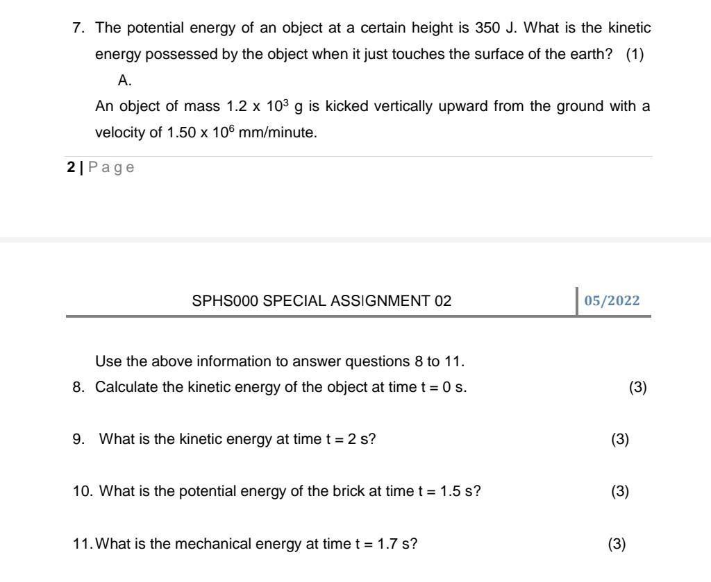 Solved 7. The potential energy of an object at a certain | Chegg.com