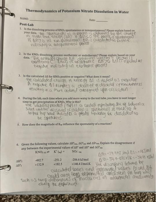 Solved Thermodynamics of Potassium Nitrate Dissolution in | Chegg.com